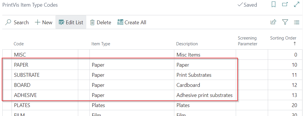 Item Type Codes and filters - PrintVis Documentation